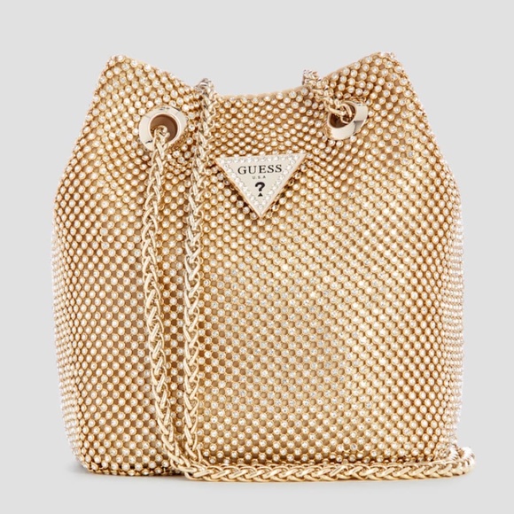 Guess | Bags | Guess Lua Rhinestone Gold Mesh Mini Bucket Bag | Poshmark